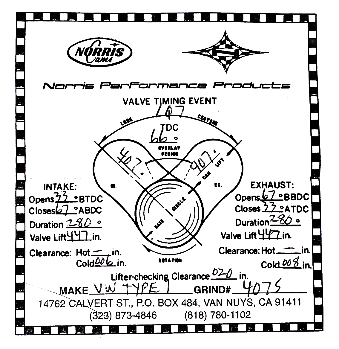 Norris Performance Camshaft Grind #407S, KS Replica, Type 1 Engines ...